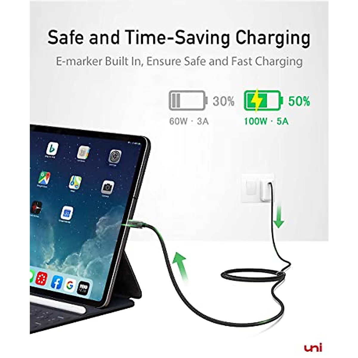 USB C to USB C Cable, uni 100W Type C to Type C Fast Charging Cable [20V/5A] Braided USB C Cable for MacBook pro, iPad pro, Dell 10ft/3 Meters 2 Pack