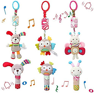 6 Pcs Baby Hanging + Hand Rattles Toys, Soft Crinkle Squeaky Sensory Learning Toy, Plush Animals Ring Stroller Infant Car Bed Crib Travel Activity Hanging Wind Chime for Babies Toddlers