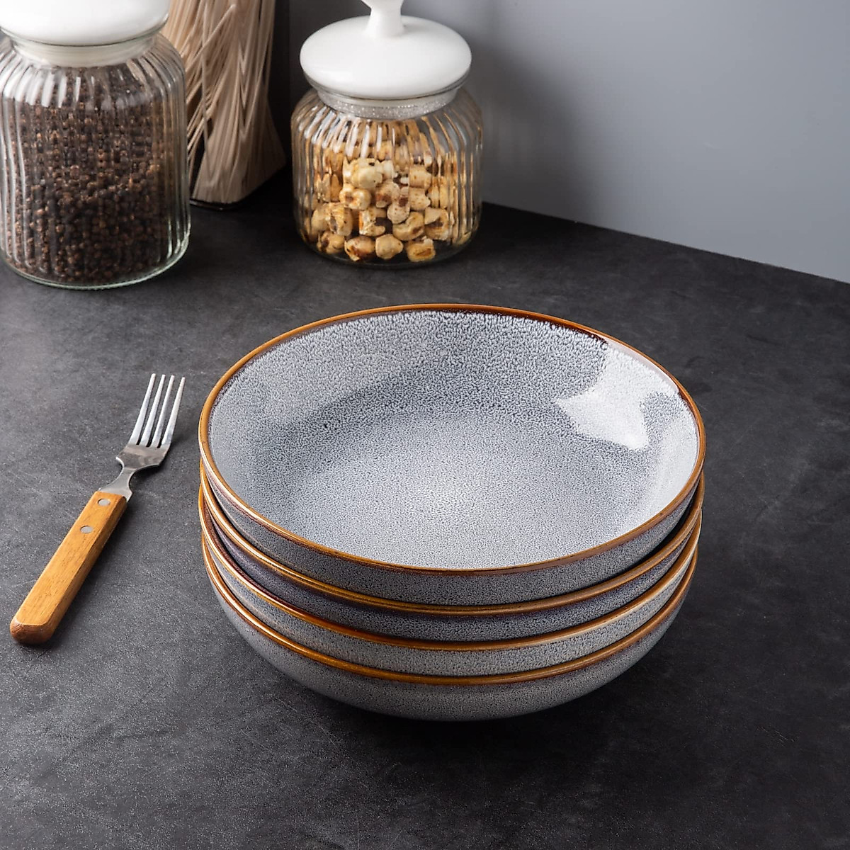 AmorArc 8.5'' Large Pasta Bowls, 36oz Ceramic Salad Serving Bowls Set of 4 for Kitchen, Wide Stoneware Bowls for Pasta,Salad,Fruit,Bread, Microwave Safe, Reactive Glaze-Blue