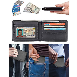Travelambo Black Wallet for Men, Premium Genuine Leather RFID Blocking Mens Wallet, 10 Credit Card Holder Minimalist Front Pocket, Mens Bifold Wallet with 2 ID Window