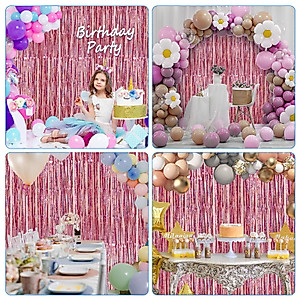 Accevo Pink Party Streamers 3Pack Glitter Foil Fringe Curtain 3.2ft x 8.2ft Pink Party Decor Photo Booth Streamers Metallic Tinsel Door Streamer for Valentines Day Decorations Christening Party Decor