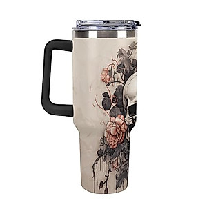 LLUTSNTH 40 Oz Vacuum Tumbler with Black Handle Leakproof Insulated Tumbler Ancient Skull And Flowers Stainless Steel Travel Mug with Lid And Straw Coffee Cup Cute Water Bottles Cup Holder Friendly