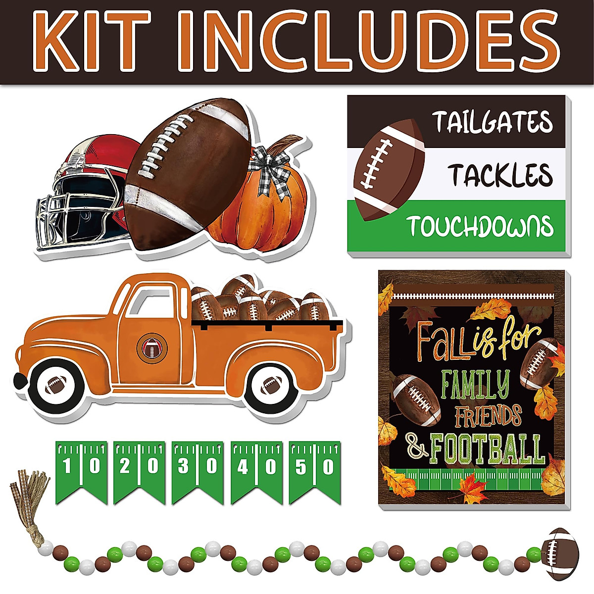 Fall Decor - Football Tiered Tray Decor Bundle 6 PCS - Fall Decorations for Home, 4 Football Wooden Signs - Wood Beads Garland - Mini Wooden Banner - Farmhouse Home Autumn Harvest Table Shelf Decor