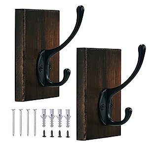 OLBET Rustic Farmhouse Towel Hook for Bathroom Wall Mounted - Rustic Wall Hooks for Hanging Coats - 2 Pack - Retro Iron Wood Hooks - Classical Heavy Duty Hangers for Your House - Weathered Brown