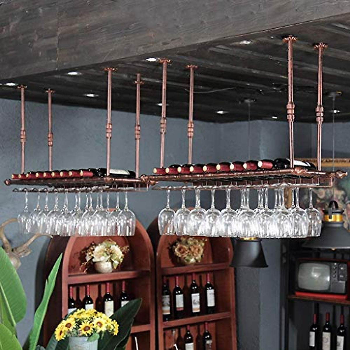 Ceiling Stemware Rack, Adjustable Hanging Wine Bottle Holder, Wine Glass Holder, Upside Down Goblet Racks, Restaurants Kitchens Bar Wine Storage Display Shelf, Bronze (Size : 80×35