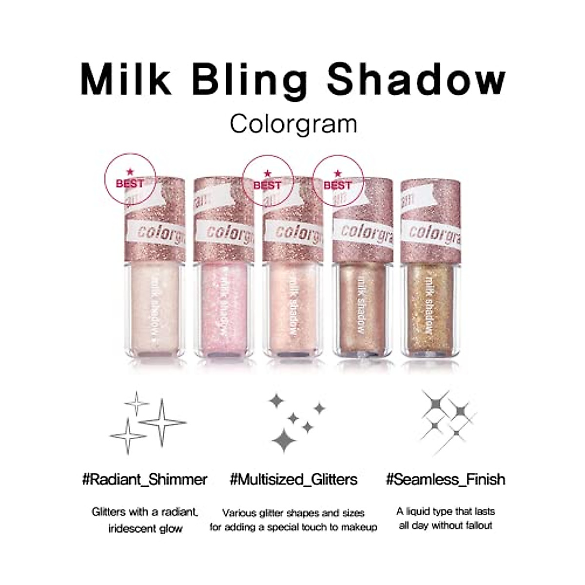COLORGRAM Milk Bling Shadow - 01 Double Star | Pigmented liquid glitter eyeshadow, Long-lasting shimmer for daily and party makeup, Multi-dimensional sparkling metallic finish, Opaque coverage, Quick drying formula for easy application (0.11 fl.oz, 3.2g)