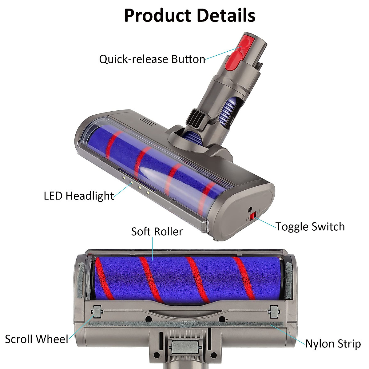 WEILE Quick-Release Soft Roller Cleaner Head Accessory Replacement with LED Indicator for Dyson V7 V8 V10 V11 V15 SV10 SV11 Cordless Vacuum Cleaner