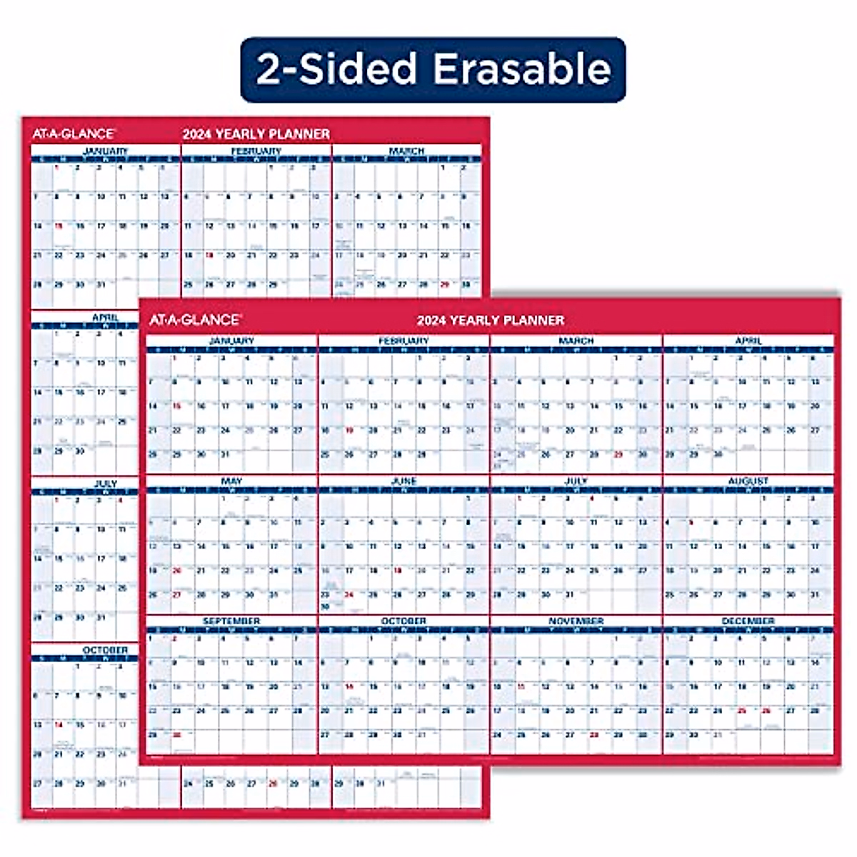 AT-A-GLANCE 2024 Monthly Erasable Calendar, Dry Erase Wall Planner, 48" x 32", Extra Large, Vertical/Horizontal, Reversible (PM3262824)