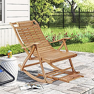 Wisfor Bamboo Lounge Chair Large Adjustable Rocking Chair Reclining Patio Chair with Headrest Pillow and Foot Massage Board for Max Loading Weight 441lbs