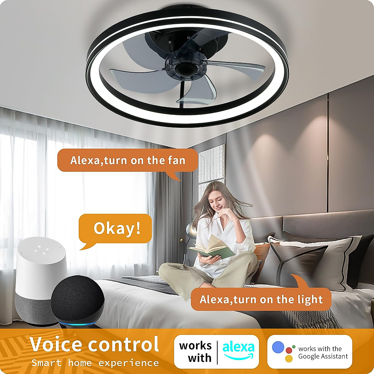 YeetFerret Smart Ceiling Fans with Light Compatible with Alexa and Google Assistant,Bladeless Ceiling Fan with Light Flush Mount 3 Color LED 6 Speeds Low Profile Ceiling Fan