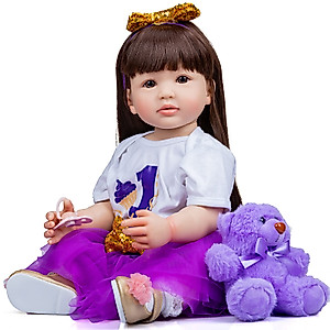TERABITHIA 22 Inches Cute Alive Handmade Long Brown Hair Reborn Baby Doll Crafted in Silicone Vinyl Full Body Anatomically Correct Realistic Newborn Princess Toddler Girl Dolls Purple Gift Set