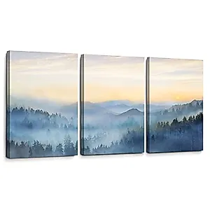 Wall Decor for Bedroom 3 Panel Sunrise Misty Forest Print Picture Paintings Wall Art for Living Room Bathroom Framed Canvas Artwork Modern Room Wall Decorations Size 12x16 x 3 Piece Ready to Hang