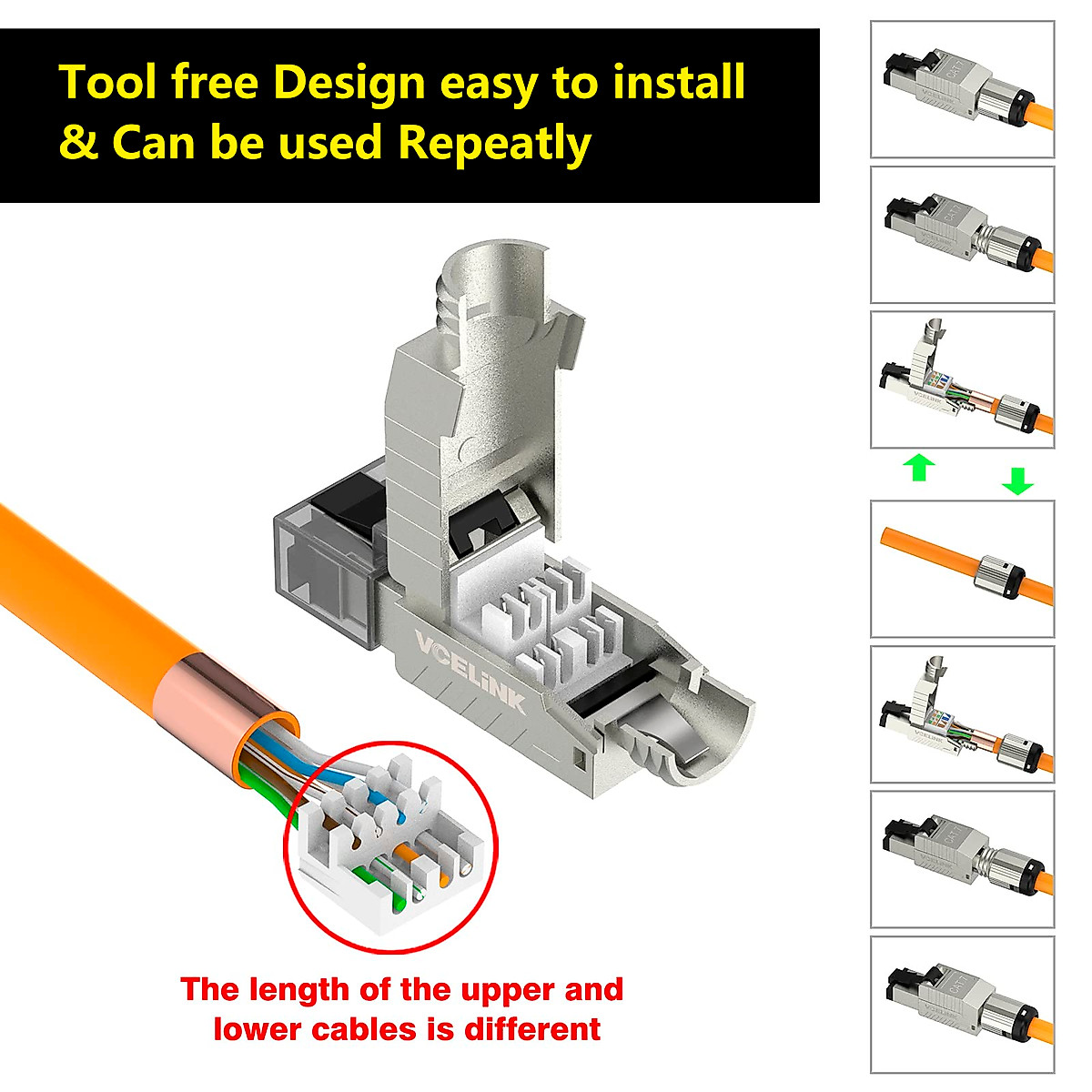 VCELINK RJ45 Cat7 Connectors 2-Pack, Tool-Free Zinc Alloy Shielded Ethernet Termination Plugs for 23AWG SFTP Cables, 10G Easy Internet Plug, Fast Field Installation
