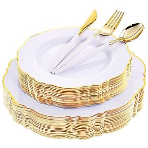 WDF 30Guest Gold Plastic Plates Disposable - Gold Plastic Silverware With White Handle Baroque Plates Disposable for Weddings, Parties, Mother's Day