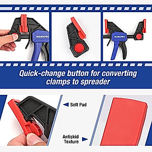 WORKPRO Bar Clamps for Woodworking, 6-Pack One-Handed Clamp/Spreader, 6-Inch (4) and 12-Inch (2) Wood Clamps Set, Light-Duty Quick-Change F Clamp with 150 lbs Load Limit