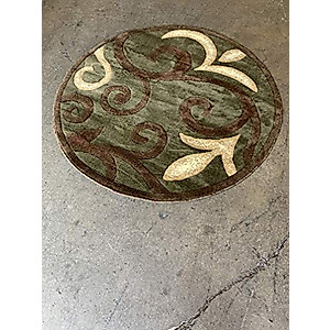 Modern Round Area Rug Contemporary Sage Green & Brown Floral Tropical Design 525 (4 Feet X 4 Feet)