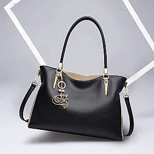 Leather Handbags for Women, Split Leather Large Capacity Zipper Closure Ladies Top-handle Handbags Womens Roomy Tote Purses Women's Fashion Shoulder Bag Handbag (Black)