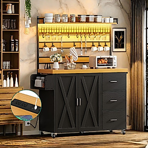 YITAHOME Bakers Rack with Power Outlet and LED Light, 53 Inch Microwave Stand with Storage Cabinet Thickened Counter, Farmhouse Coffee Bar Cabinet on Wheels Tall Shelf for Spices, Cups, Pots, Black