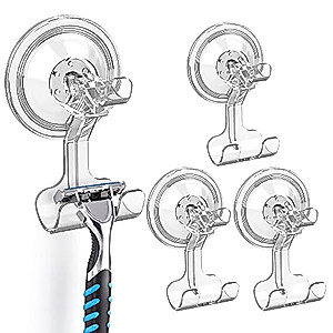 LUXEAR Shower Suction Cup Hooks, 4 Pack Razor Holder for Inside Shower Removable Reusable Wall Hangers for Bathroom Waterproof Powerful Vacuum Suction Cup Hooks for Loofah Towel Robe Bathrobe Kitchen