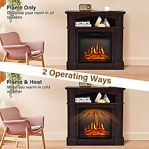 COSTWAY 32-inch Electric Fireplace with Mantel, 1400W Adjustable Freestanding Heater with Remote Control, Thermostat Design, 6H Timer, 3D Flame Brightness, Mantel Fireplace for Living Room, Brown