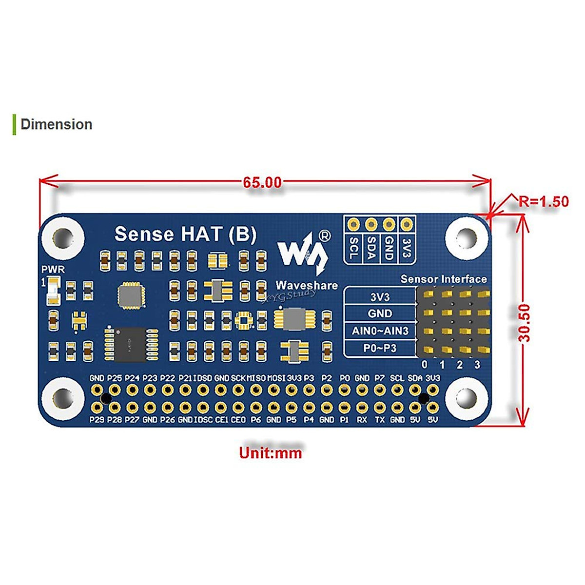 XYGStudy Sense HAT (B) I2C Interface Onboard Multi Powerful Sensors Including Gyroscope Accelerometer Magnetometer Barometer Temperature and Humidity Sensor for Raspberry Pi Series Boards