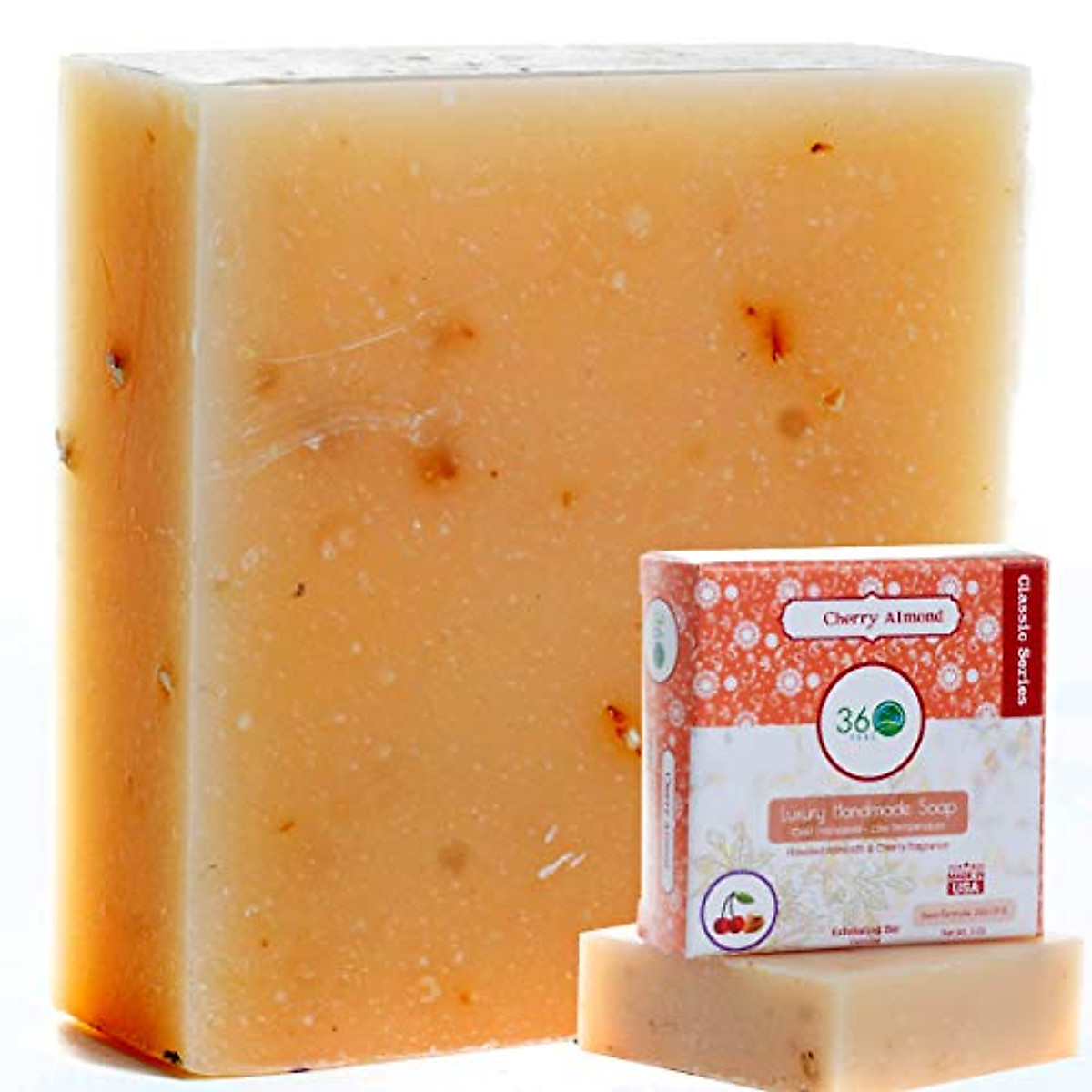360Feel Cherry Almond Soap -5oz Castile Handmade Soap bar - Almonds Cherries, oatmeal as exfoliant - Pure Essential Oil Natural Soaps- Great as Anniversary Wedding Gifts Christmas stocking stuffer