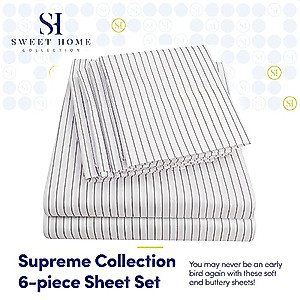 Full Size Bed Sheets - 6 Piece 1500 Supreme Collection Fine Brushed Microfiber Deep Pocket Full Sheet Set Bedding - 2 Extra Pillow Cases, Great Value, Full, Pinstripe White