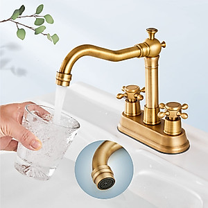 Aolemi Antique Brass 4 Inch Centerset Deck Mounted Bathroom Sink Faucet Vintage with 2 Cross Handles RV Mixer Tap Basin Vanity Lavatory Utility for Sink 3 Hole Include Water Hose & Pop Up Drain