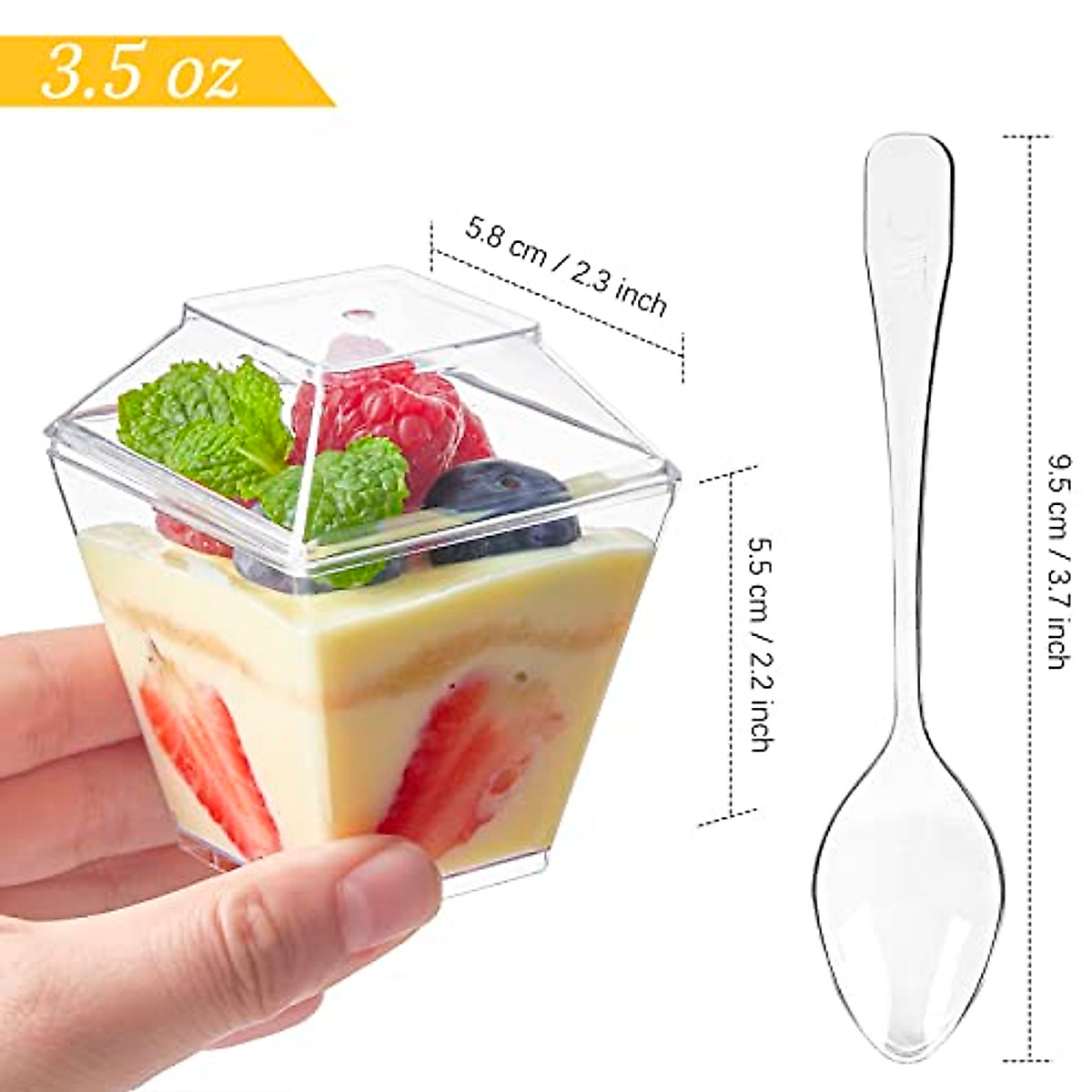 Qeirudu 50 Pack 3.5 oz Mini Dessert Cups with Lids and Spoons - Parfait Cups with Lids Plastic Square Shooter Cups for Party Appetizers Pudding Mousse Triffle