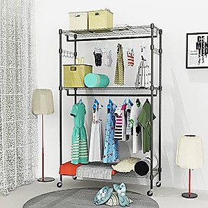 Kemanner Heavy Duty Rolling Garment Rack 3-Tiers Wire Shelving W/Double Rods & Lockable Wheels & 1 Pair Side Hooks - Hold Up to 400Lbs (Black, 2Rod 2Hook)