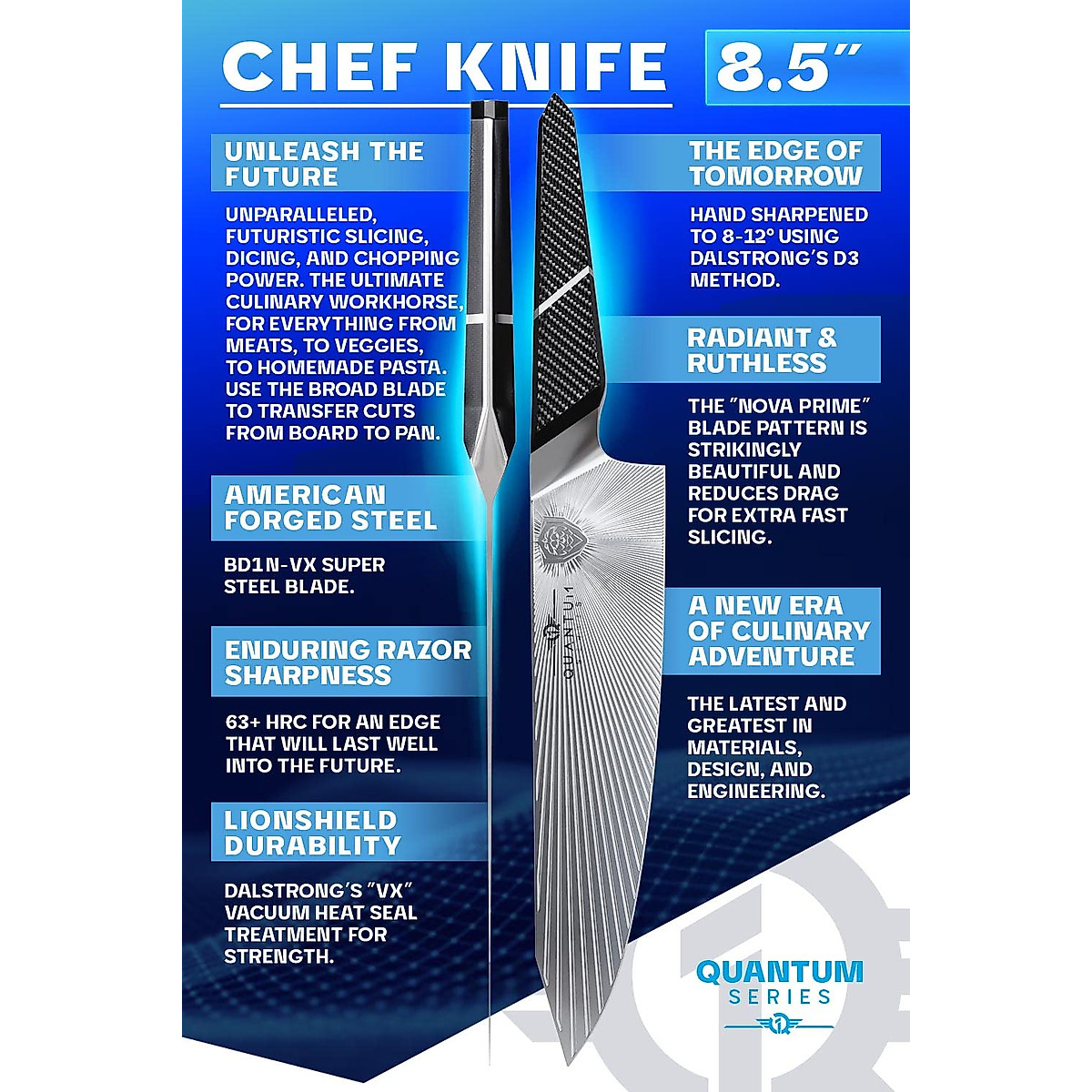 Dalstrong Chef Knife - 8.5 inch - Quantum 1 Series - Ultra-Sharp - American Forged BD1N-VX Hyper Steel - Carbon Fibre G10 Hybrid Handle - Premium Kitchen Knife - Leather Sheath