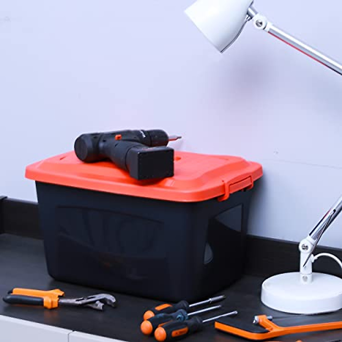 Citylife 17 QT Plastic Storage Bins with Latching Lids Stackable Containers for Organizing Garage Heavy Duty Storage Box with Handle Large Tote, Black/Orange, 4 Packs