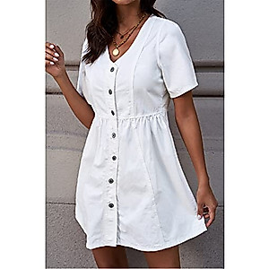 luvamia Women's Denim Shirt Dress Button Down Skirt V Neck Short Sleeve Jean Dresses Cute Dresses Skater Dress Knee Length Dress for Women A Line Dresses for Women Brilliant White Size Medium