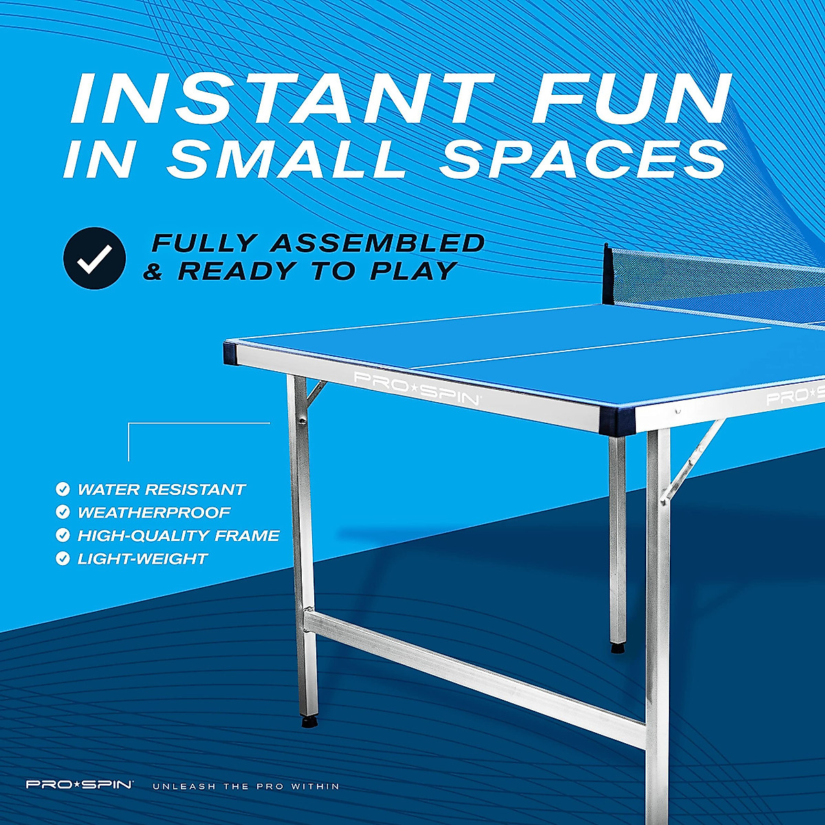 PRO-SPIN Midsize Ping Pong Table | Foldable | Complete Set with Premium Ping Pong Paddles & Balls | 100% Pre-Assembled | Portable Aluminum Table Tennis Table | Weatherproof Indoor/Outdoor Table Tennis