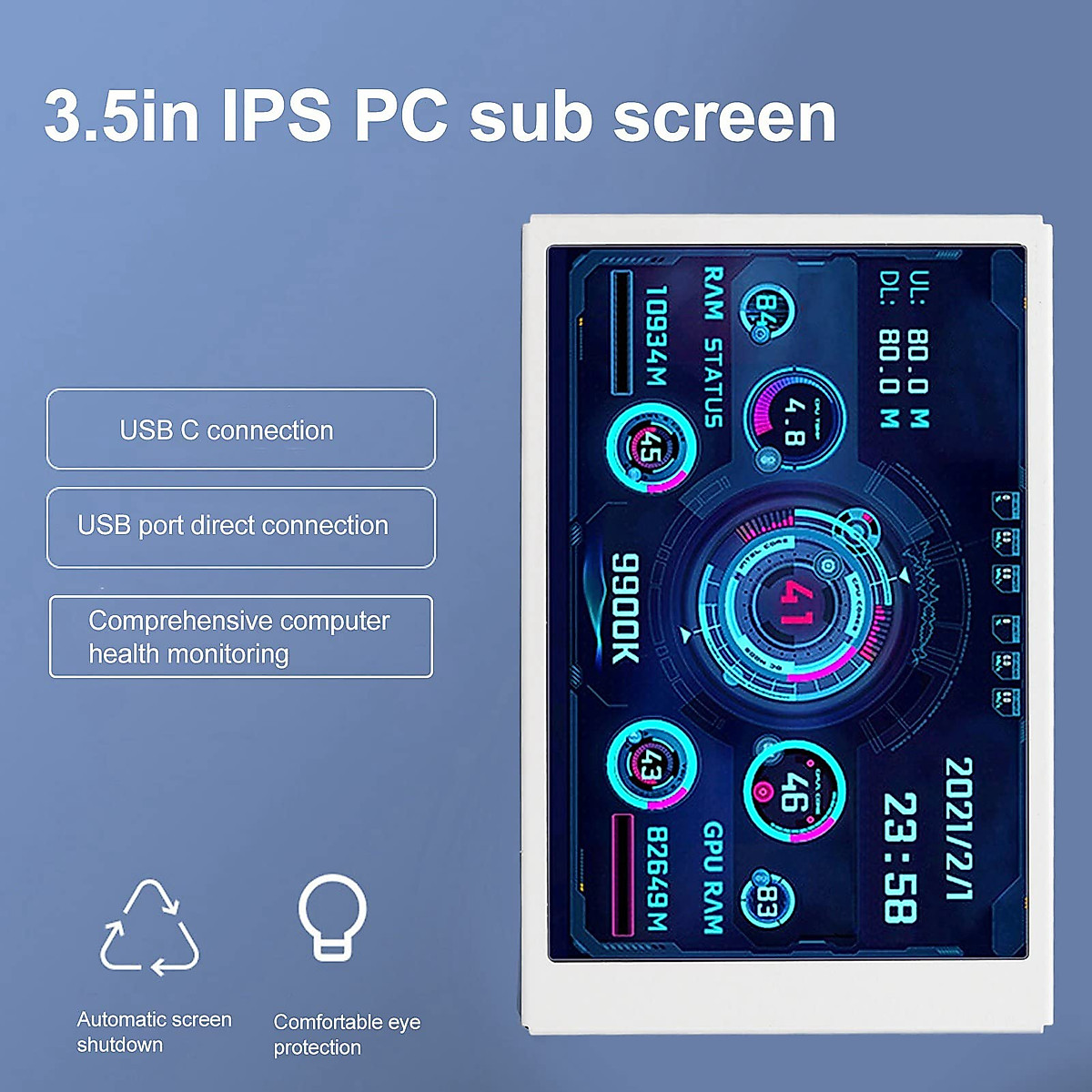 PC Temp Monitor, 320x480 PC Sensor Panel Display for Home(White)