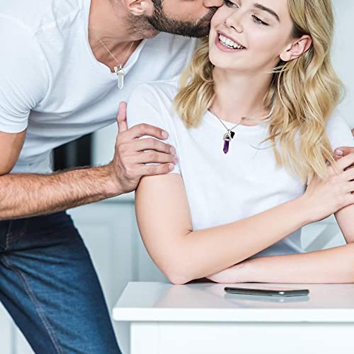 MISS RIGHT Crystal Friendship Matching Couples Necklaces for Women Men with Magnetic Heart Charm, Dainty Rose Quartz Best Friends BFF Necklace for 2 Girls (White Opal & Amethyst)