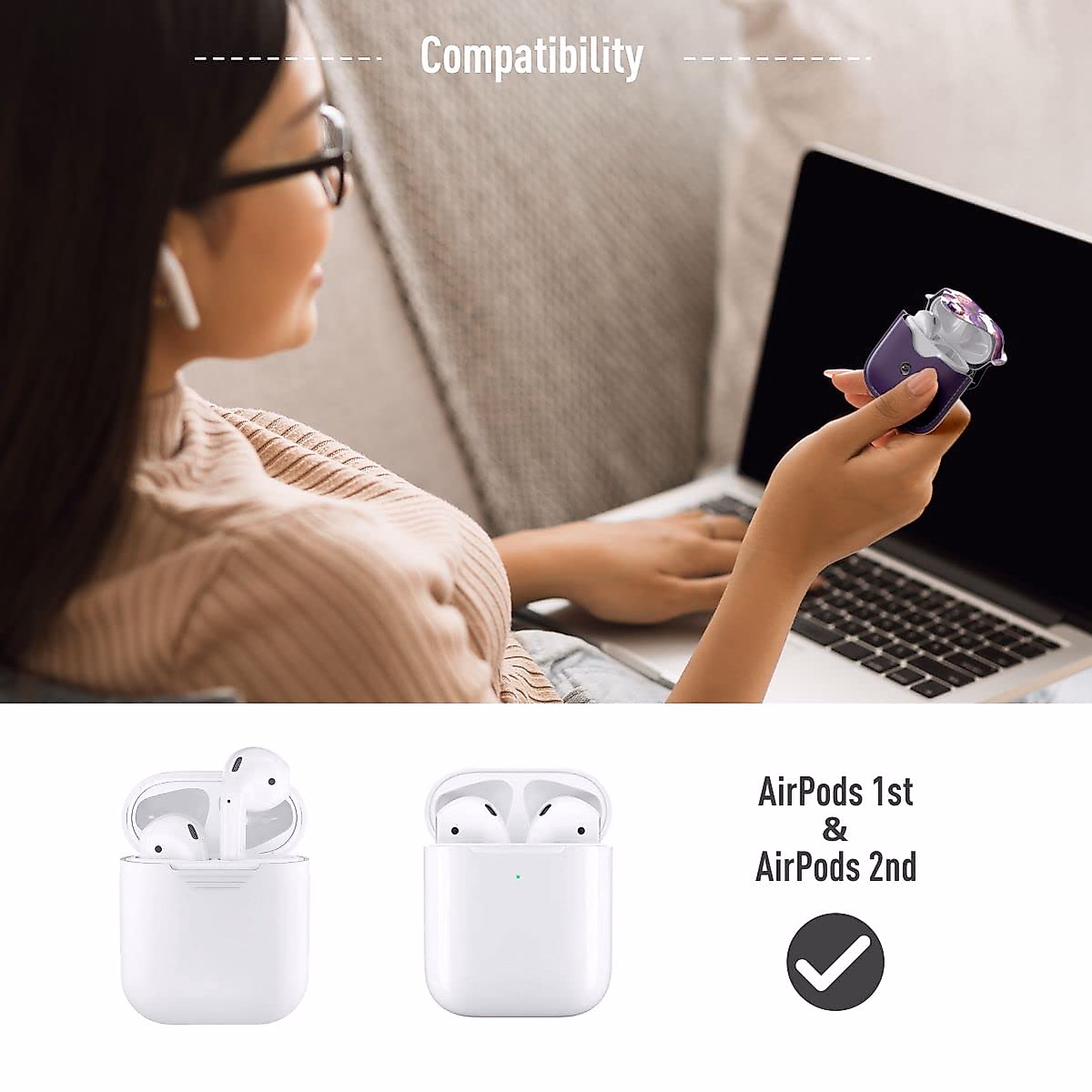 GuarzFun Leather AirPods 1st & 2nd case, AirPod case for Women Girls, AirPod Leather case with Secure snap Closure & Clip, Flower Leather AirPod case, Support Wireless Charging (Purple)