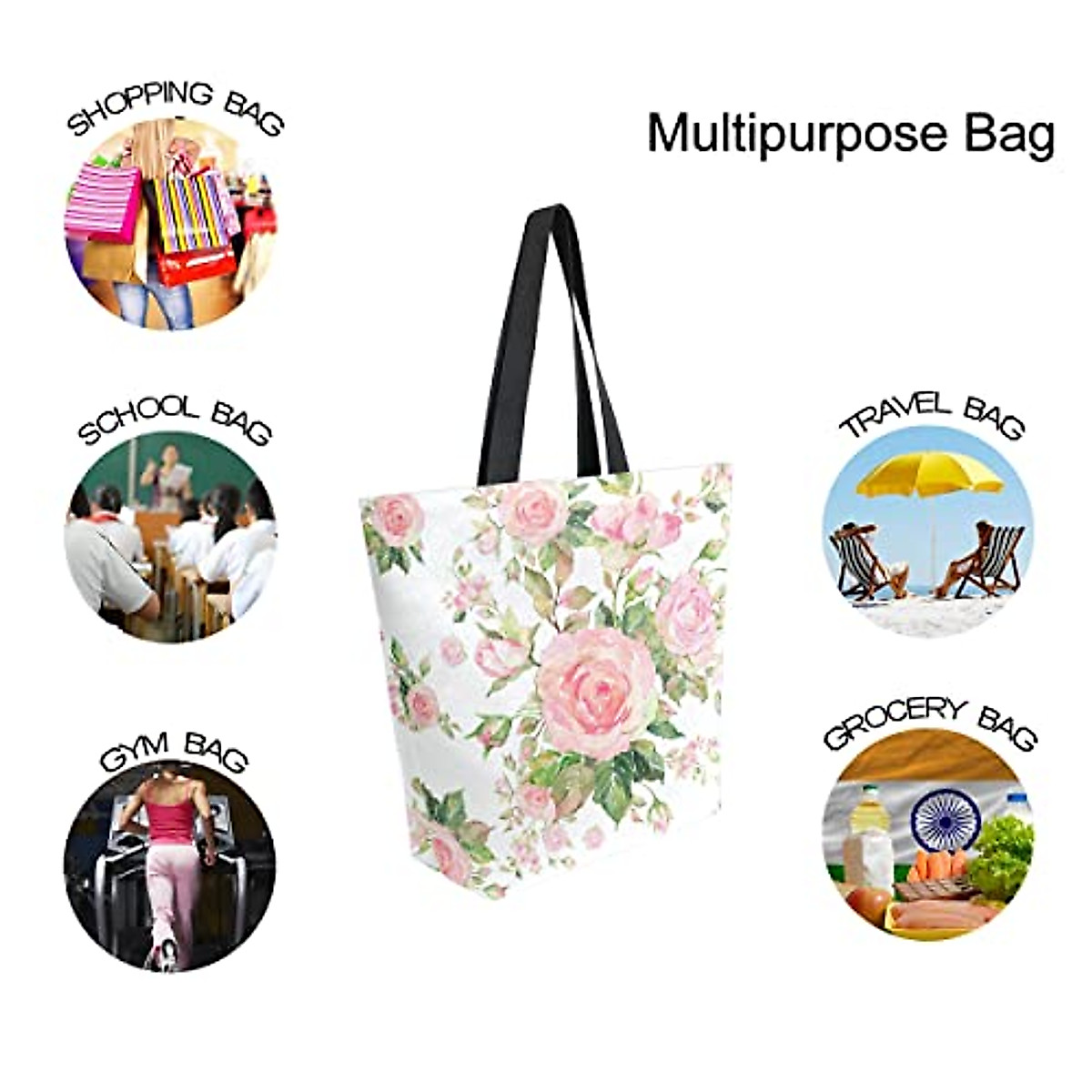 ALAZA Pink Rose Flower Large Canvas Tote Bag Floral Shopping Shoulder Handbag with Small Zippered Pocket