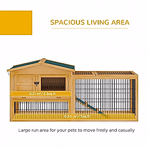 PawHut 2 Levels Outdoor Rabbit Hutch with Openable Top, 59" Wooden Large Rabbit Cage with Run Weatherproof Roof, Removable Tray, Ramp, Yellow