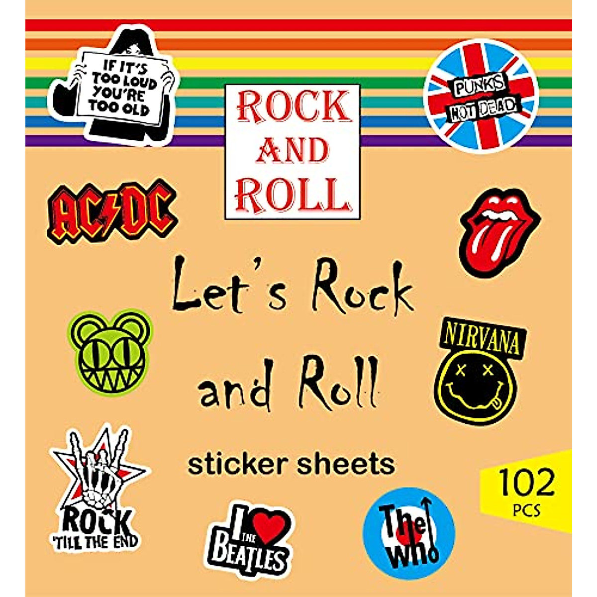 Csimyun Rock Sricker Book 102Pcs Cool Stickers Waterproof & Sun-Protection Rock Punk Band Graffiti Hand Account Stickers Trolley Case Removable Car Stickers