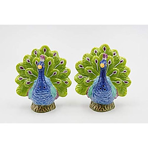 Fine Porcelain Peacock Open Fan Tail Salt & Pepper Shakers Set, 3-1/8" H