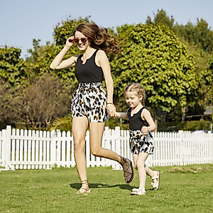 IFFEI Mommy and Me Matching Outfit Solid Splice Print Spaghetti Strap Top Shorts Set Black Womens Large