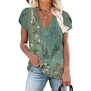 Womens Tunic Tops to Wear with Leggings Short Petal Sleeve Lace V Neck Dressy Casual Country T Shirts Loose Fit Black