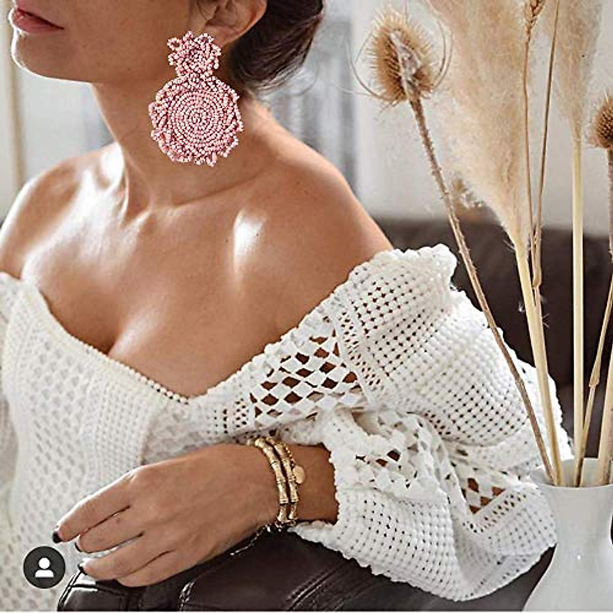 Statement Drop Earrings Pink Bohemian Beaded Round Dangle Earrings Gift for Women