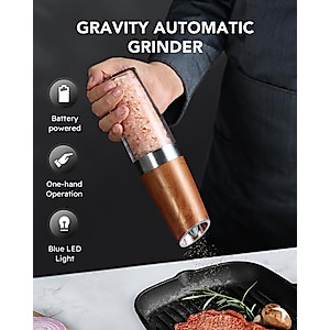 FORLIM Upgraded 9 Oz Capacity Gravity Electric Salt and Pepper Grinder Set, Battery Powered One Hand Operation Refillable Automatic Pepper Grinder Adjustable Coarseness(Wood grain)