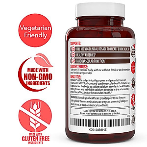 Vitamin K2 D3 Supplement 5000 IU D3 and 180 mcg Vitamin k2 MK7 Supplement for Healthy Bones, Healthy Heart & Cardiovascular Health-60 Easy to Swallow Vegetable caps of MenaQ7 K2 MK7