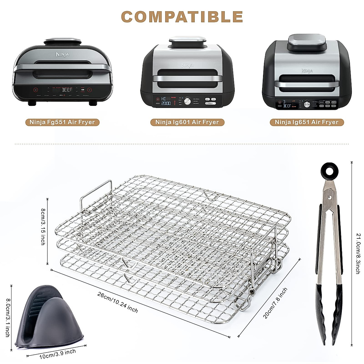 Air Fryer Rack for Ninja Foodi Grill XL FG551/IG601/IG651, Multi-Layer Dehydrator Rack Air Fryer Accessories (Included Heat and Slip Resistant Silicone Mini Potholders Mitts and Kitchen Tongs)