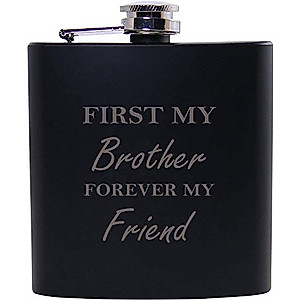 First My Brother Forever My Friend Flask, Funnel, (4) Shot Glasses, and MDF Presentation Gift Box with Rosewood Finish - Golfing Hip Stainless Steel Metal Matte 6-Ounce Golf Bag Flask