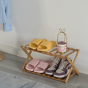 Basicwise Bamboo Foldable Shoe Rack, Free Standing Shoe Organizer Storage Rack (2 Tier), Natural (QI004329.2)