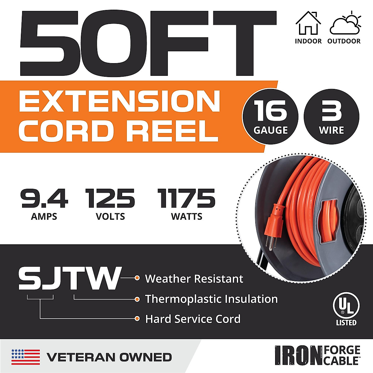 IRON FORGE CABLE 50 Ft Extension Cord Reel with 4 Electrical Power Outlets & Breaker Switch - 16/3 SJTW Heavy Duty Orange Cable with 3 Prong Grounded Plug - Portable Extension Cord Reel with Breaker